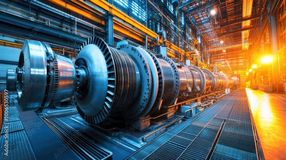 Industrial gas turbine engine inside a modern power plant, complex ...