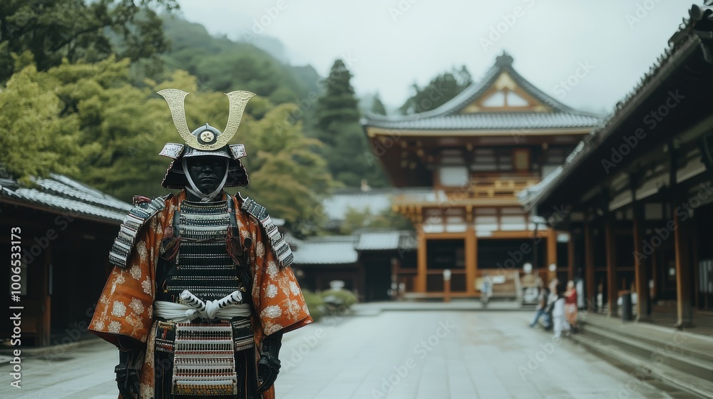 Samurai warrior standing tall in a traditional Japanese landscape ...