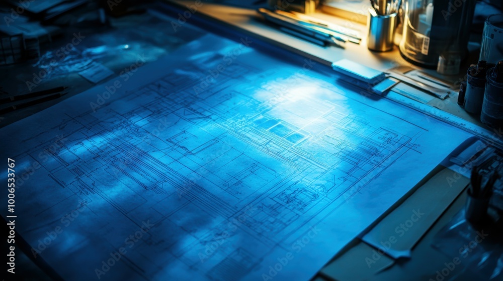 Close-up shot of a detailed blueprint spread across a work surface ...