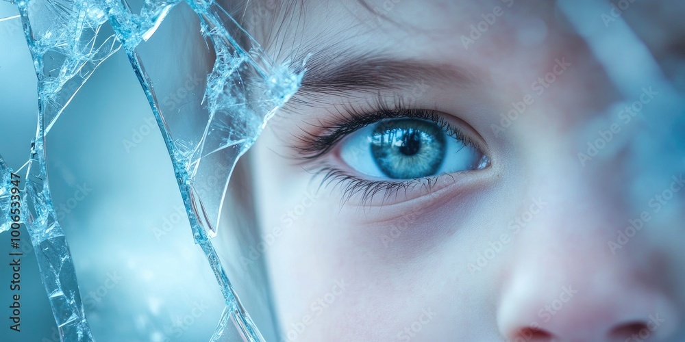 A child looks through shattered glass, surrounded by broken mirror ...