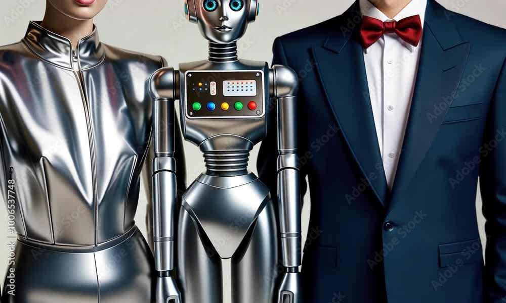 Witness a striking blend of human and machine as a stylish duo poses ...