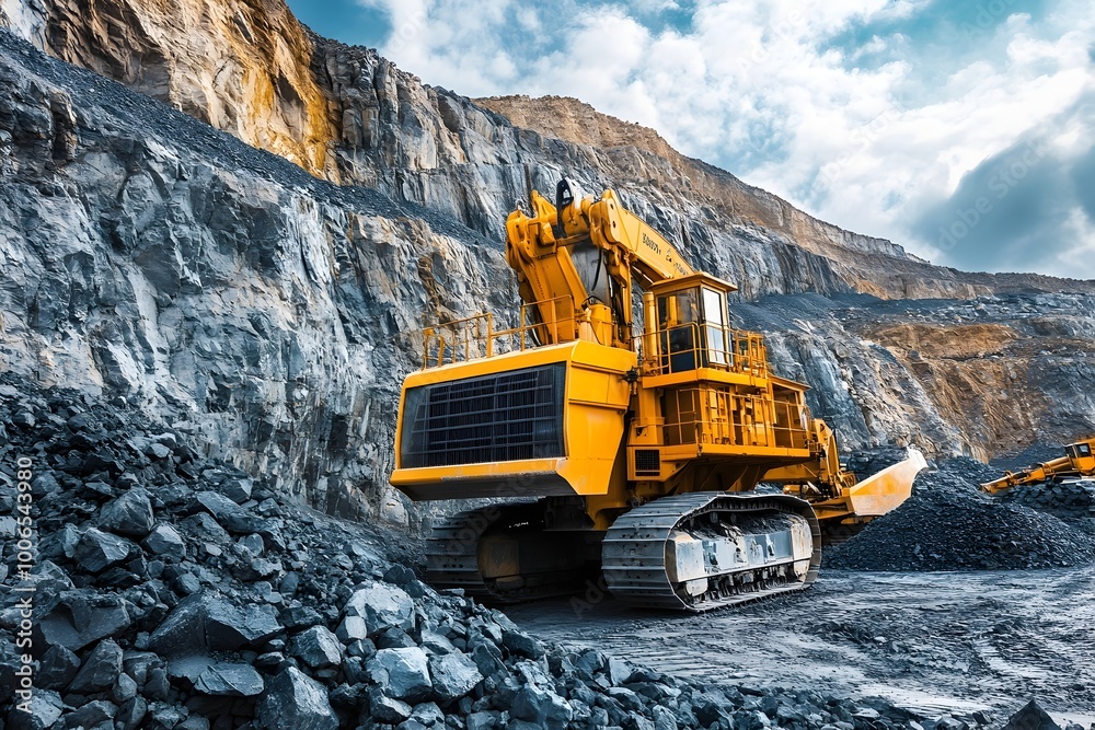 Massive quarry excavation site featuring a powerful yellow bulldozer or ...