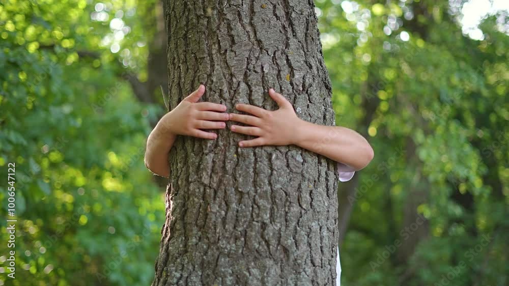 Child hugging tree forest expressing love for nature. Child arms ...