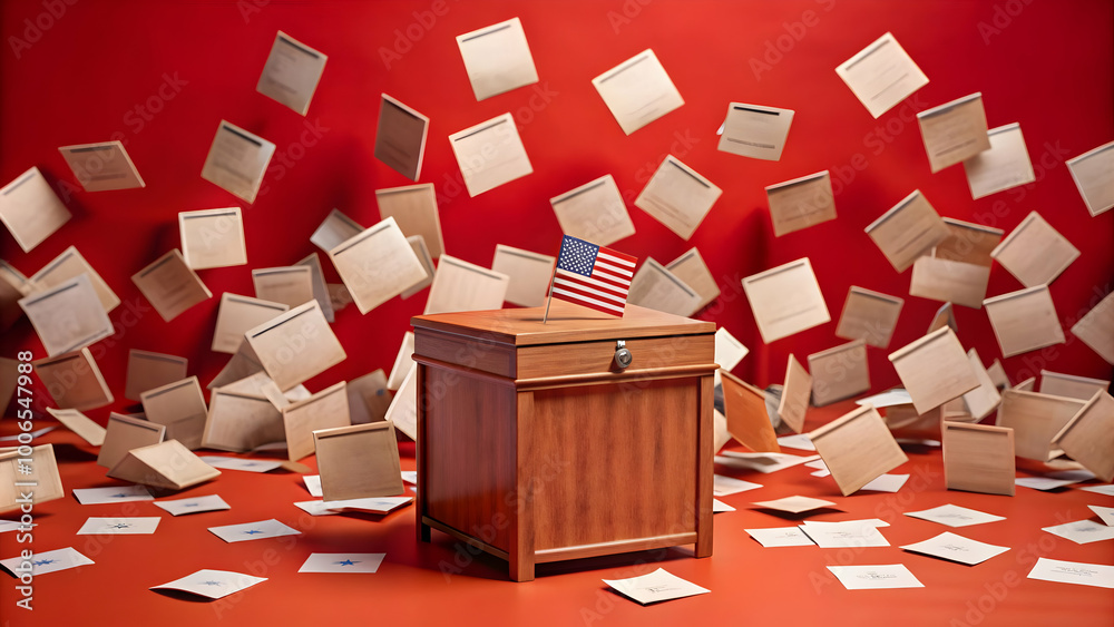 Wide Shot of Light Blue Background with Floating White Paper Ballots in ...