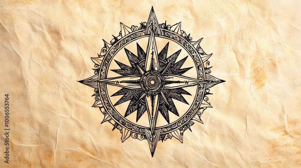 Intricate compass rose design on aged parchment, blending vintage ...