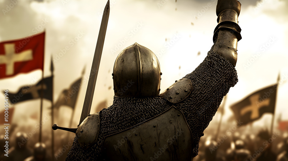 A formidable knight in full plate armor, raising his sword in a battle ...