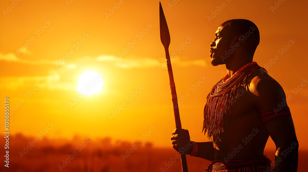 A legendary African warrior, wearing traditional attire and holding a ...