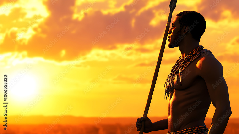 A legendary African warrior, wearing traditional attire and holding a ...