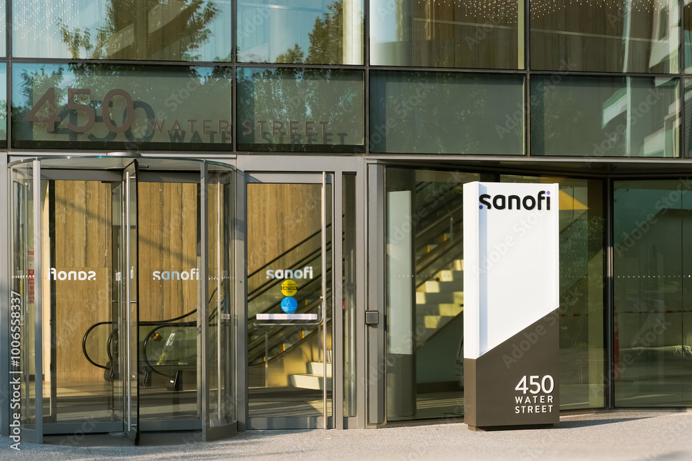 Cambridge, USA - 30 July 2024. The entrance to the Sanofi headquarters ...