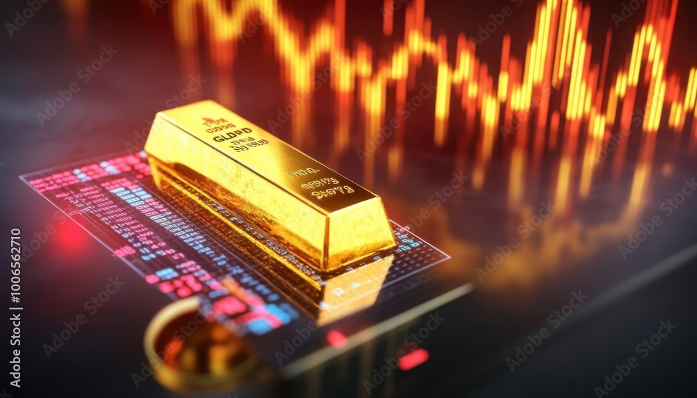 Gold bar on a digital scale with a rising price graph in the background ...