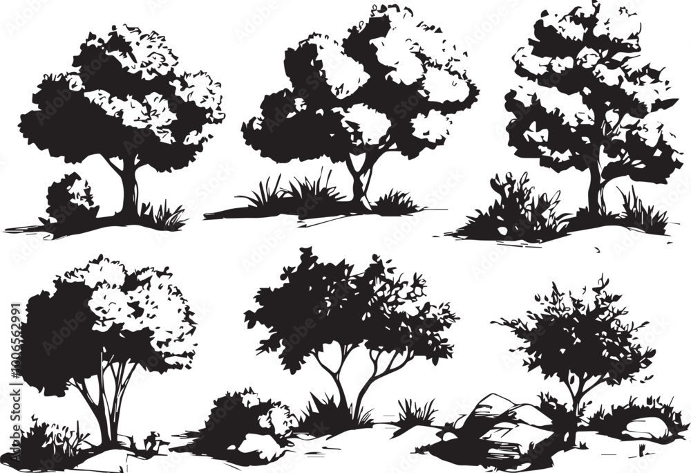 Silhouette tree set. Side view, set of graphic trees elements outline ...