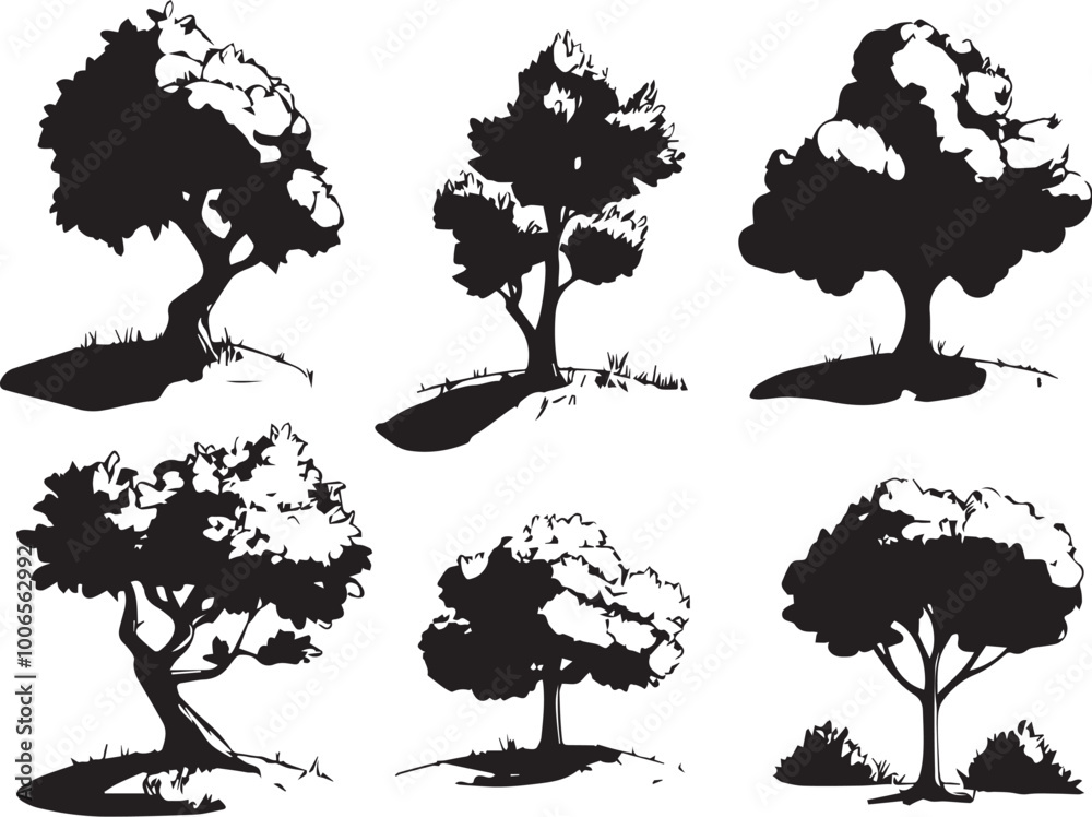 Silhouette tree set. Side view, set of graphic trees elements outline ...