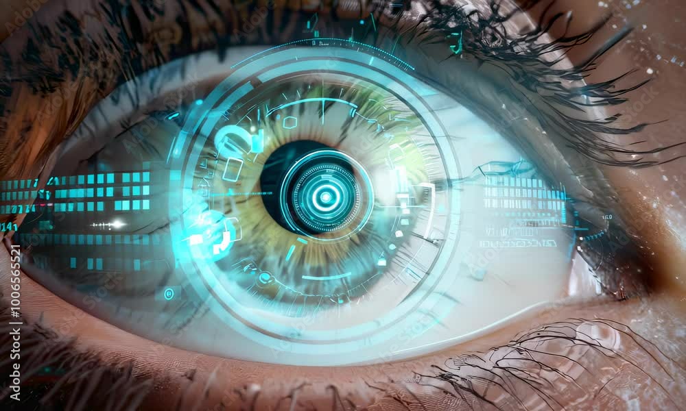 A close-up of a human eye with a futuristic, glowing blue interface ...