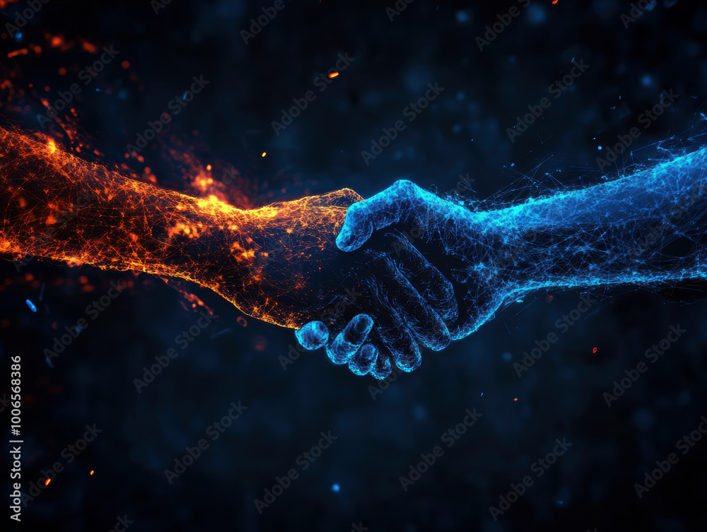 A striking digital art representation illustrating a handshake between ...