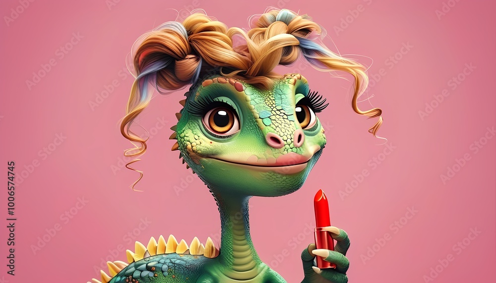 This vibrant illustration depicts a charming, anthropomorphic lizard ...