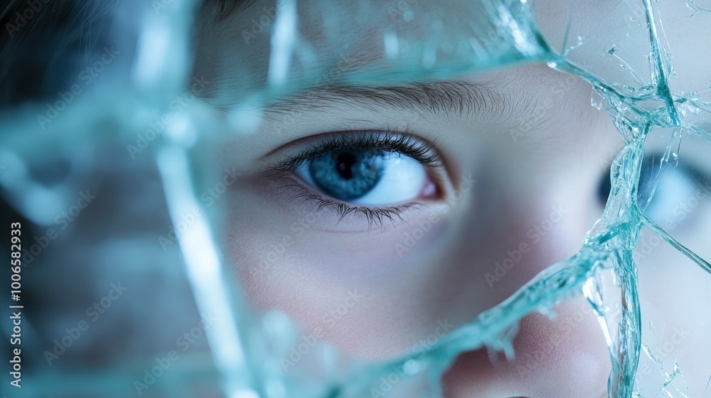A child looks through shattered glass, surrounded by broken mirror ...