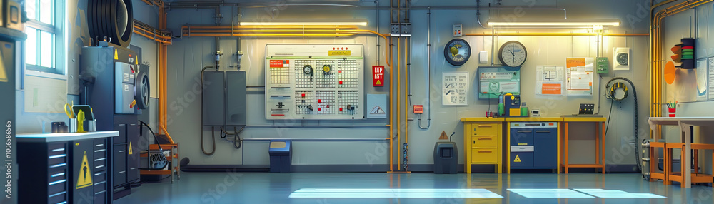 Maintenance Staff Room Wall: Covered in safety guidelines, equipment ...