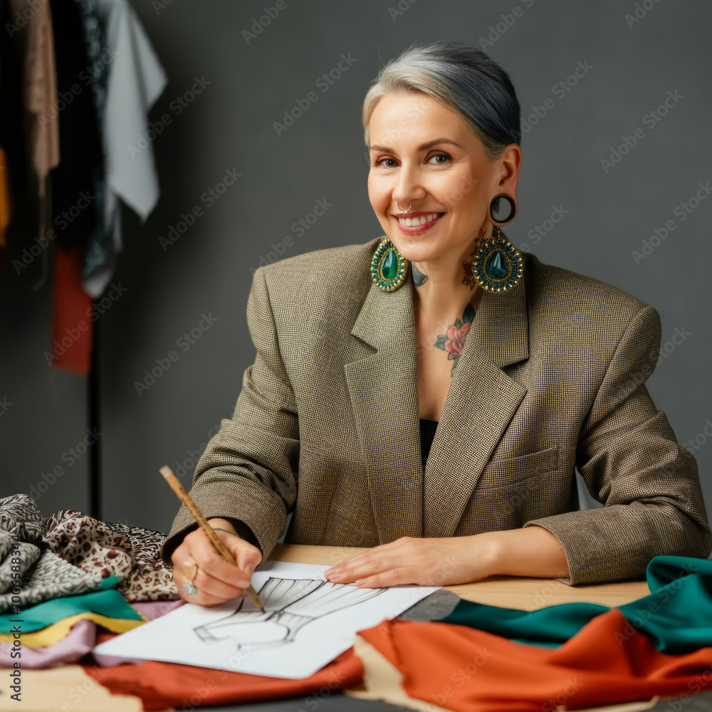 Stylish Mature Female Fashion Designer Smiles Confidently And Works On ...