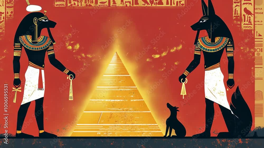 Two Anubis figures stand on either side of a golden pyramid, holding an ...