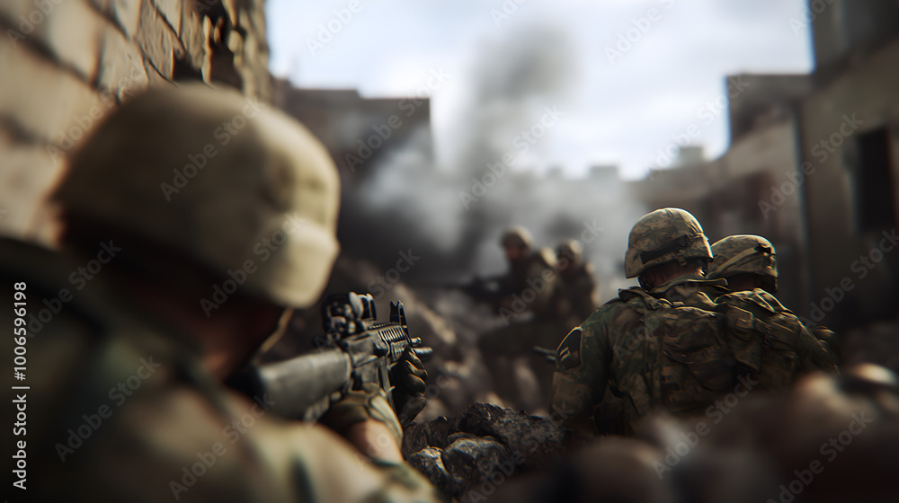 A modern infantry squad, hunkered down behind a makeshift barricade in ...