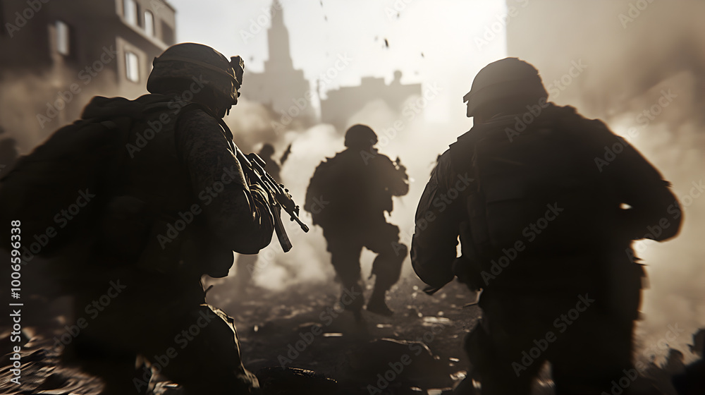 A modern infantry squad, hunkered down behind a makeshift barricade in ...