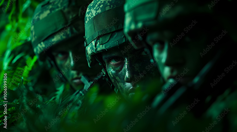 A stealthy special forces unit, emerging from the shadows of a jungle ...