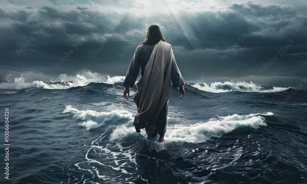 Jesus Christ walks on water during a storm. A ray of light shines down ...