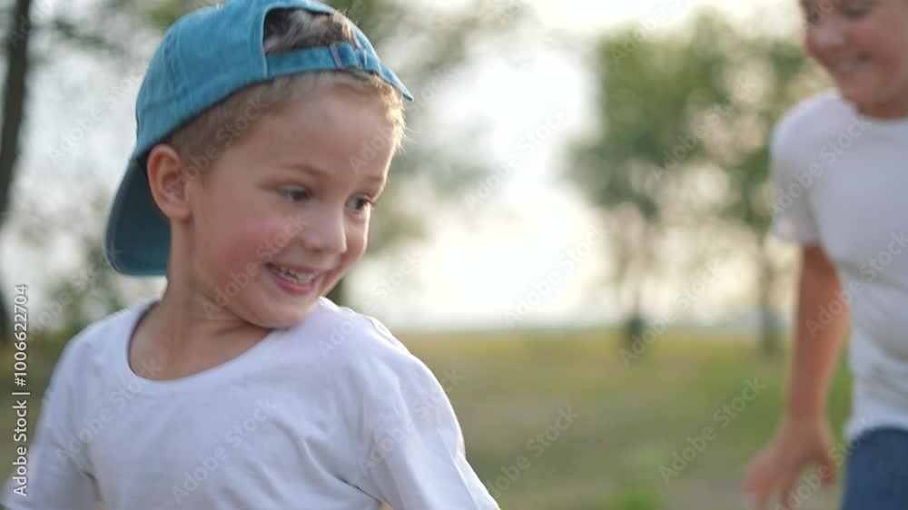 Happy children play in nature. Happy children run on grass, enjoying ...