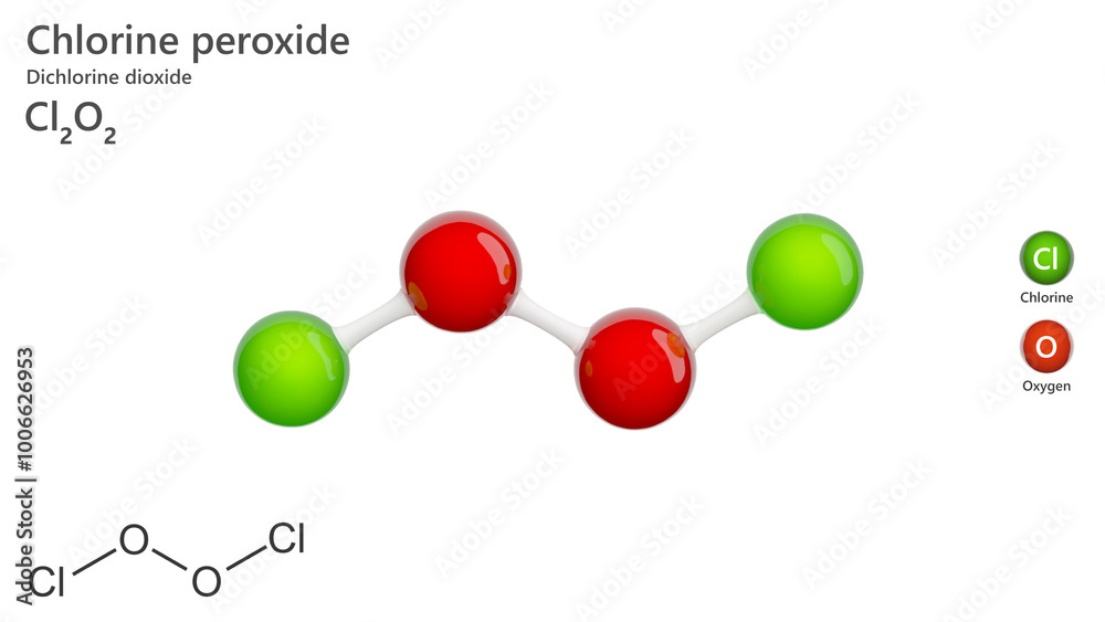 Molecule of chlorine peroxide Cl2O2 (or dichlorine dioxide). It is ...