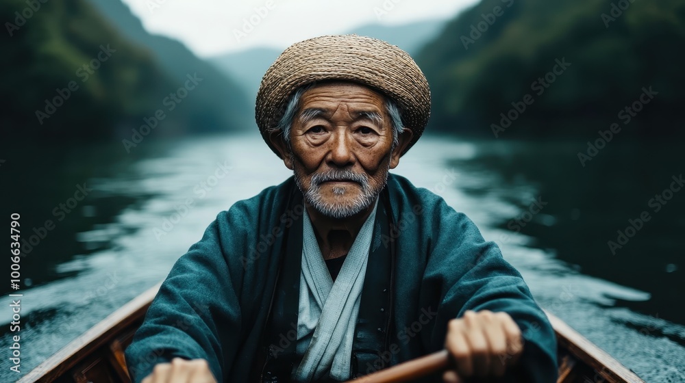 An experienced boatman, in traditional clothing and a straw hat, calmly ...