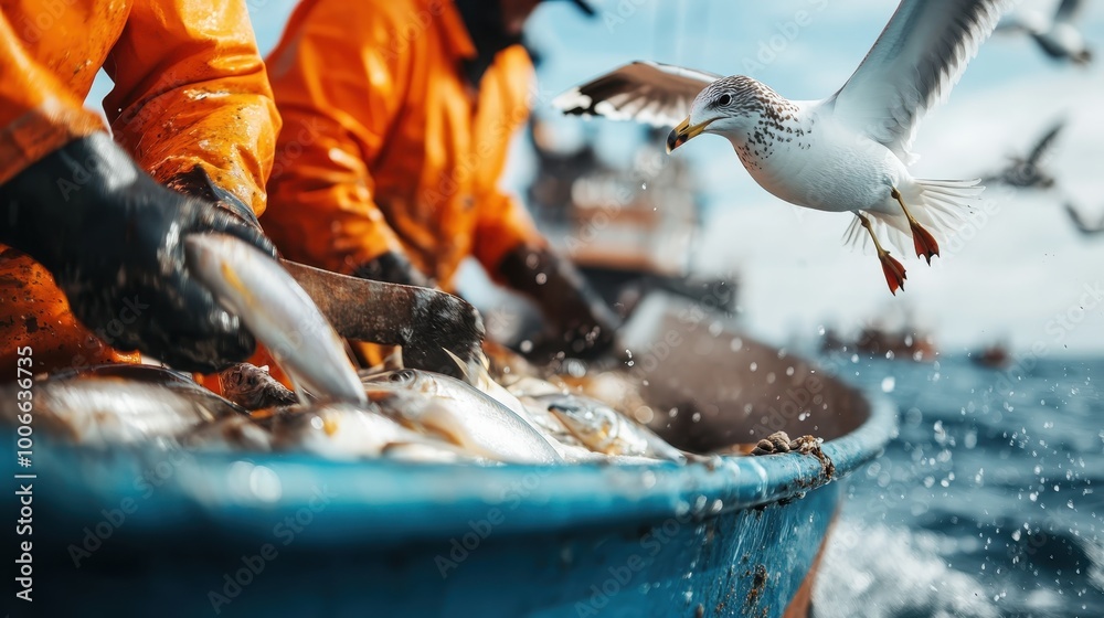 A boat crew meticulously sorts fish on their vessel as seagulls hover ...