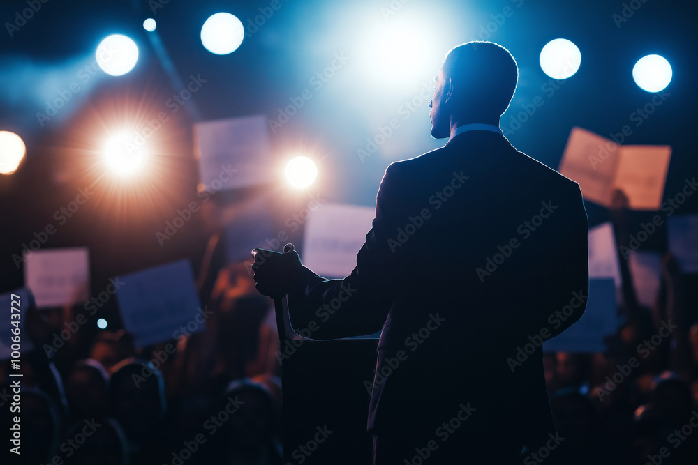 Political candidate giving a speech on stage, supporters holding signs ...