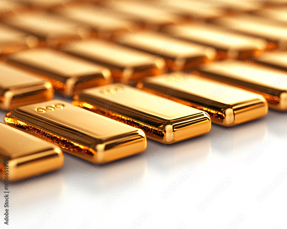 A row of gold bars are lined up on a white background. The bars are all ...