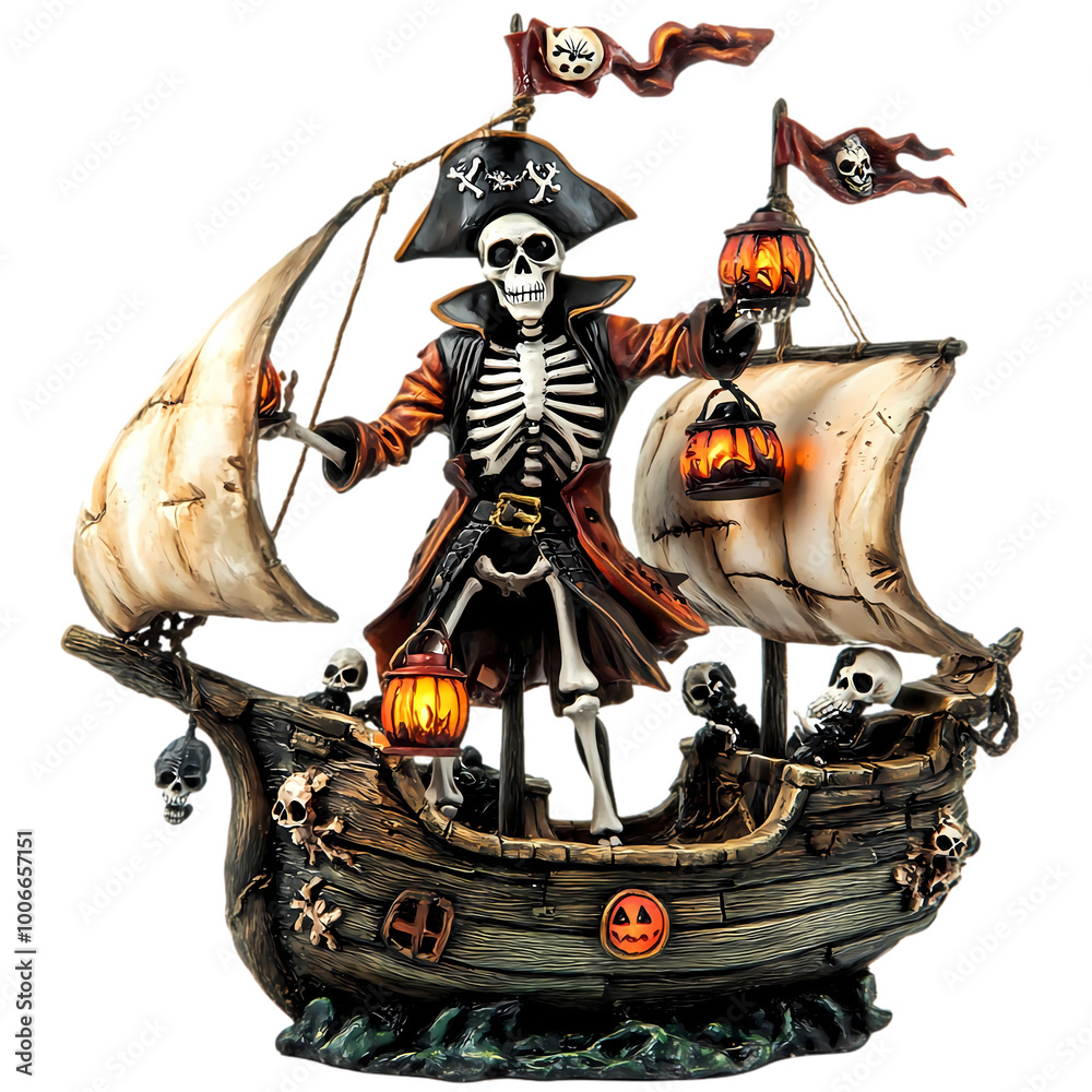 spooky pirate skeleton stands proudly on ghostly ship, holding lanterns ...