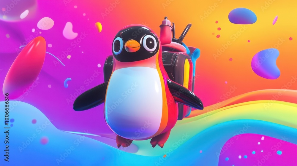 Penguin mascot with a jetpack on its back, ready to fly high, set ...