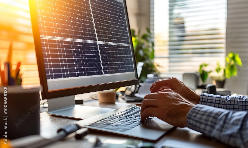 Engineer Adjusting 3D Solar Panel Design on Screen Stock Photo | Adobe ...