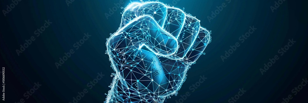 Empowerment and Unity Concept, digital raised clenched fist in low poly ...