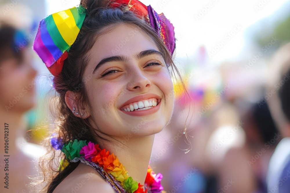 Rainbow Pride Portrait: A vibrant young woman beams with pride, her smile radiating joy and ...