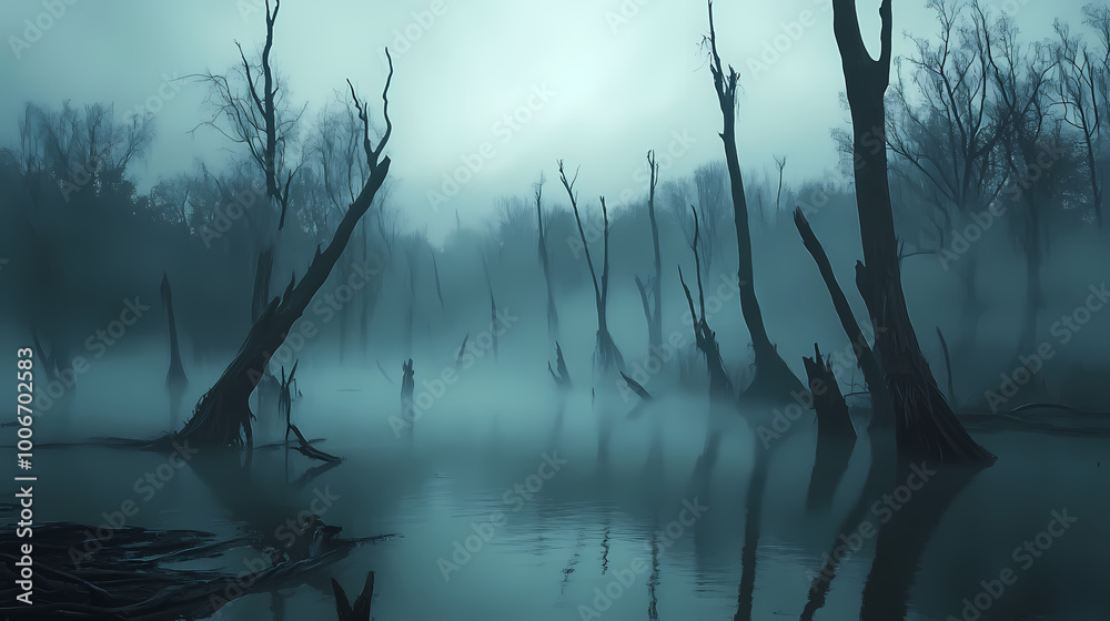 Mysterious and misty swamp landscape with eerie fog and twisted trees ...