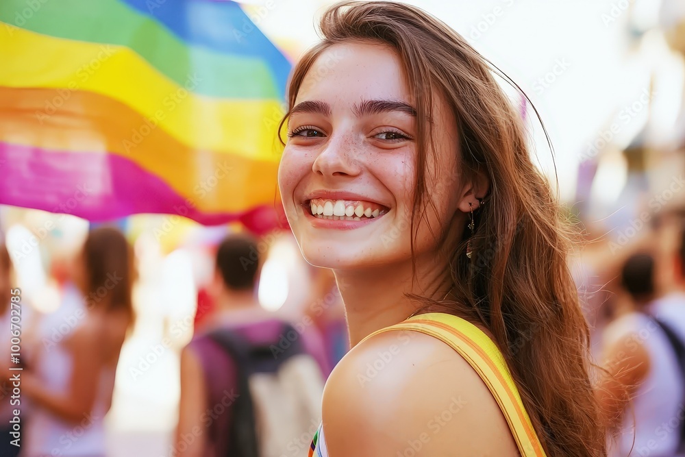 Pride and Joy: A young woman beams with happiness, radiating pride and joy as a rainbow flag ...