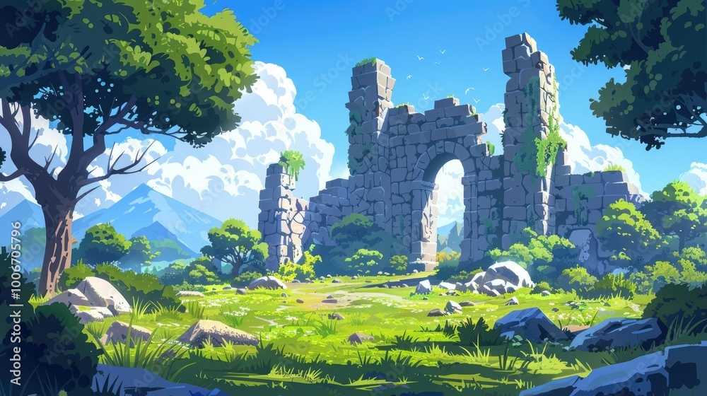 2D video game background. Game level - clearing, abandoned stone ...