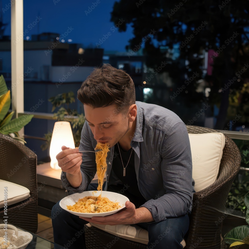 Man sitting and eating pasta in the plate, Pasta, noodles, spaghetti ...