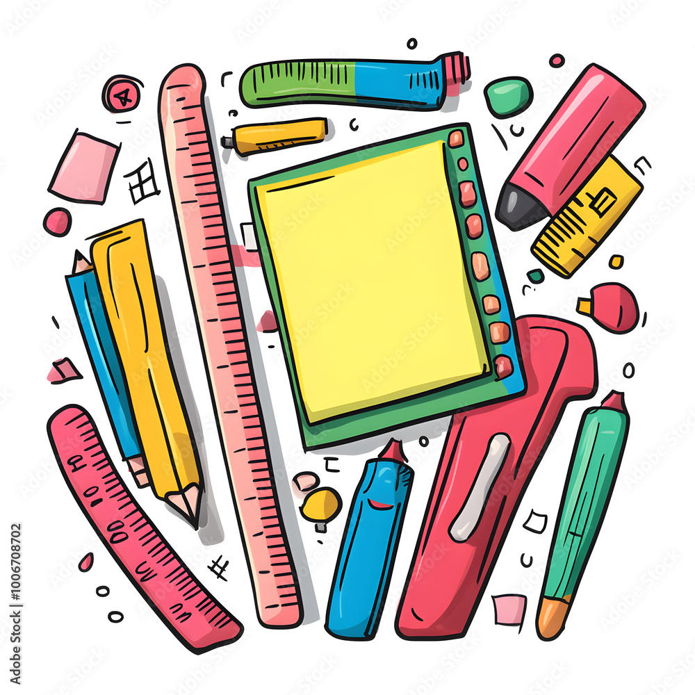 stationery in doodle 2D illustrator style, with cartoonish/symbolic ...