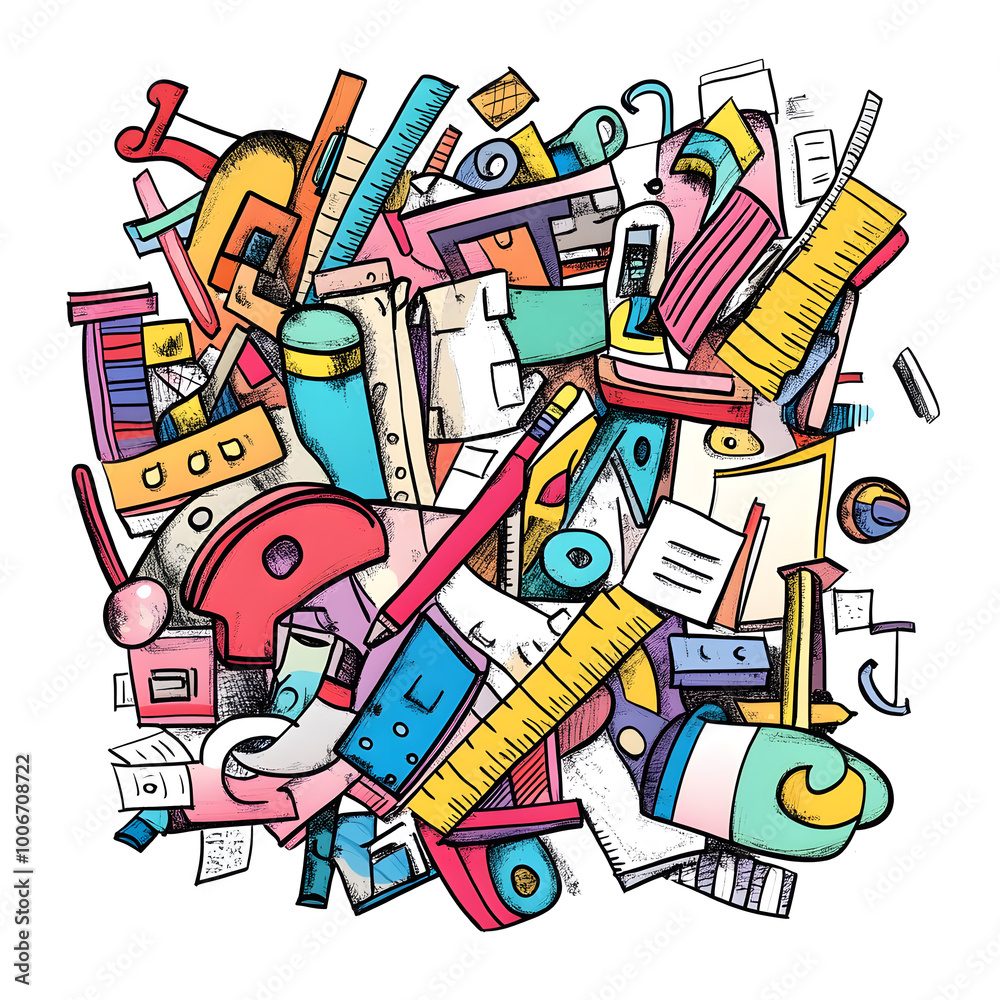 stationery in doodle 2D illustrator style, with cartoonish/symbolic ...