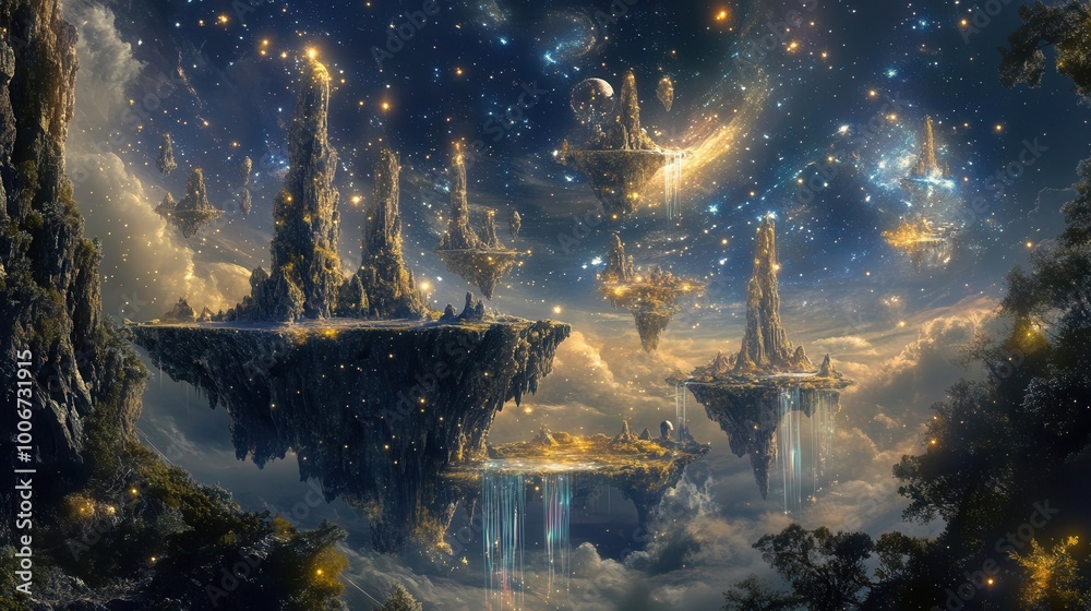 surreal cosmic landscape with floating rock islands, cascading ...