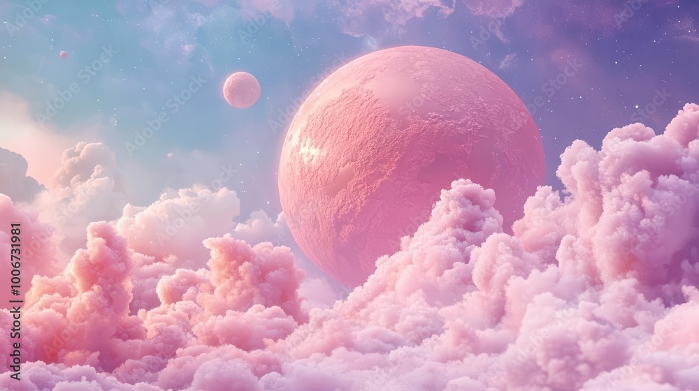 surreal cosmic landscape with giant pink planet. dreamy puppet-like ...