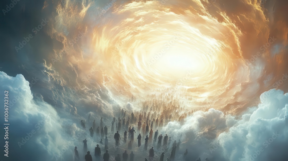 surreal depiction of biblical revelation, swirling clouds part to ...