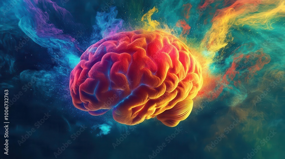 surreal digital illustration of a human brain exploding into a vibrant ...
