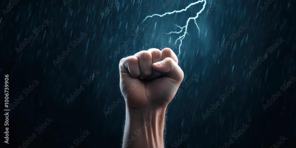 Dynamic lighting, a black background, a fist raised with a lightning ...