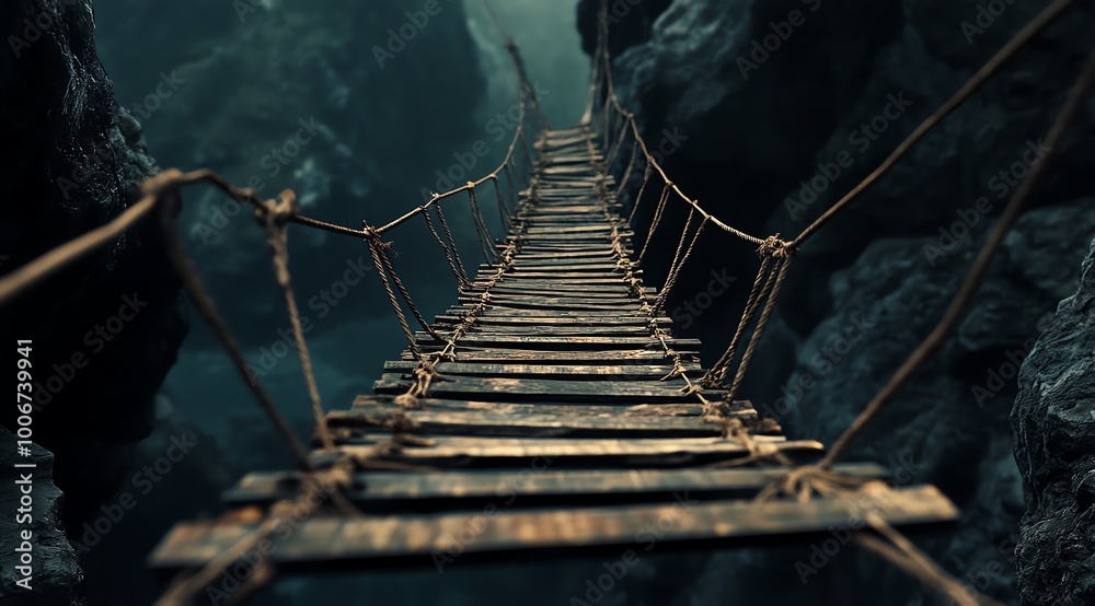 Rustic wooden suspension bridge in a misty forest setting, hanging over ...